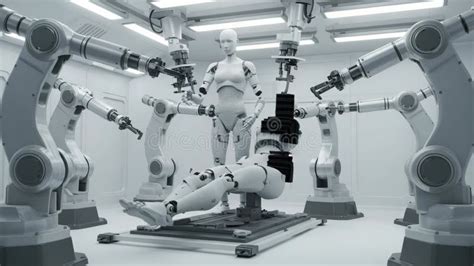 Futuristic Robotic Assembly Line Humanoid Robot Being Assembled By