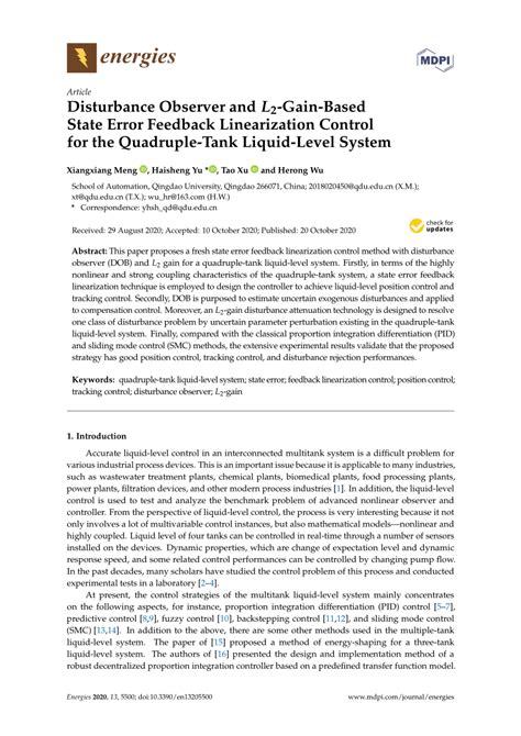 Pdf Disturbance Observer And L2 Gain Based State Error Feedback Linearization Control For The