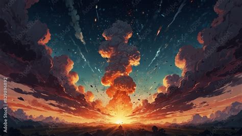 Epic Anime Style Nuclear Explosion Background Cartoon Blast With Smoke Clouds Fire And