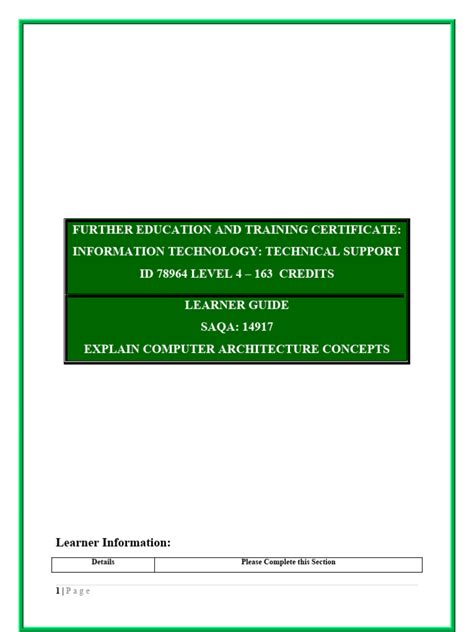 Saqa 14917 Explaining Computer Architecture Concepts Learner Guide