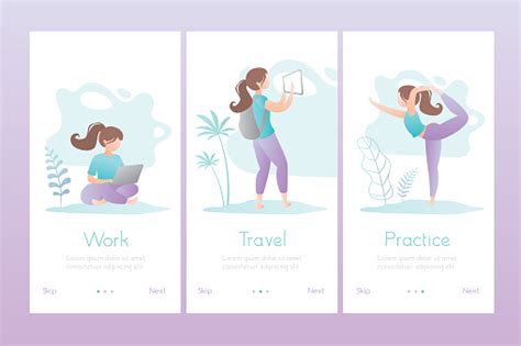 세 개의 배너 또는 응용 프로그램 페이지 템플릿의 집합입니다 일 여행 및 연습 개체 그룹에 대한 스톡 벡터 아트 및 기타 이미지 개체 그룹 거리가 먼 노트북 Istock