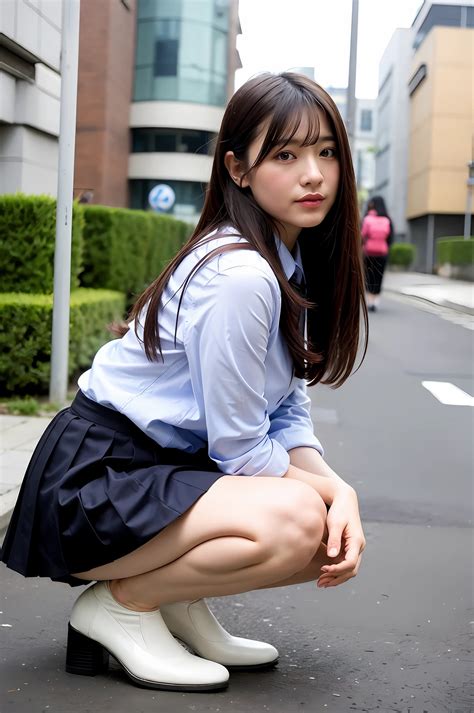 Arafed Asian Woman Crouching Down On The Street With Her Legs Crossed Seaart Ai