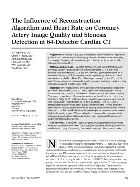 PDF The Influence Of Reconstruction Algorithm And Heart Rate On Coronary Artery Image Quality