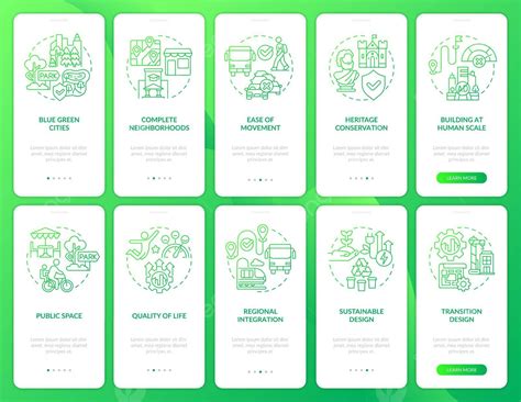 Set Of Mobile App Screens For Onboarding With A Green Gradient Theme For Urban Planning Vector