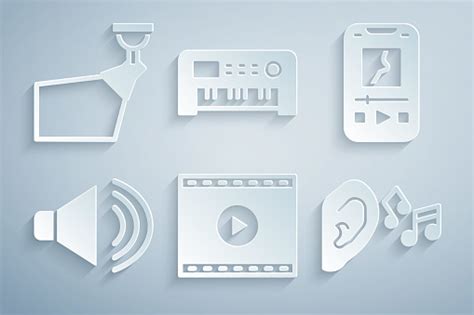 온라인 재생 비디오 음악 플레이어 스피커 볼륨 귀 듣기 사운드 신호 신디사이저 및 영화 스포트라이트 아이콘을 설정합니다 벡터 0명에 대한 스톡 벡터 아트 및 기타 이미지