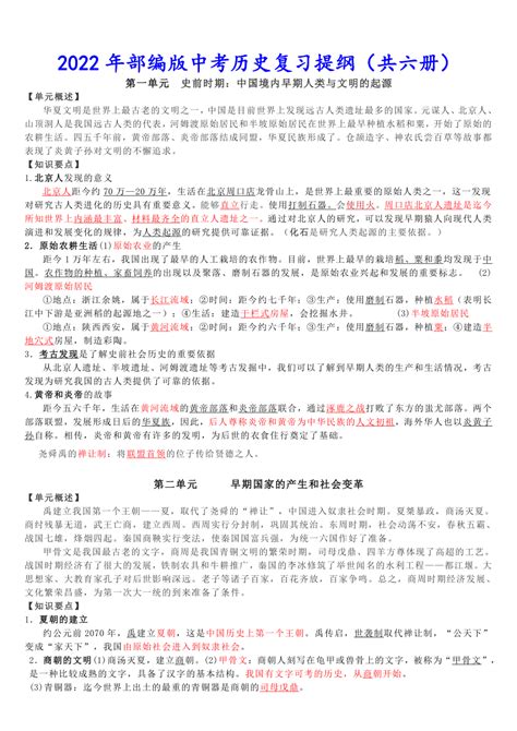2022年部编版中考历史复习提纲（共六册） 21世纪教育网