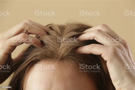 모근에 천연 드라이 샴푸를 즐기는 여성의 시야를 클로즈업하십시오 갈색 머리는 유기 무독성 화학 물질 무료 건조 샴푸를 사용합니다 건강하고 독성이 낮고 폐기물이 없는 생활의