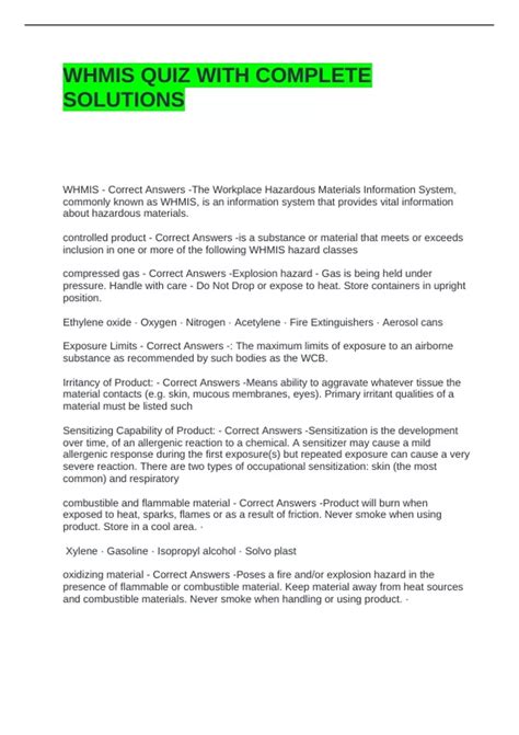 Whmis Quiz With Complete Solutions Whmis Stuvia Us