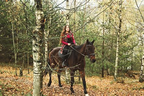 가을 숲 시골 풍경을 산책하는 말을 탄 사랑스러운 성인 아가씨 시골의 가을 공원에서 갈색 말을 타고 가는 기수 여자 여가 활동과 레크리에이션의 개념 광고문안 공간 복사 30