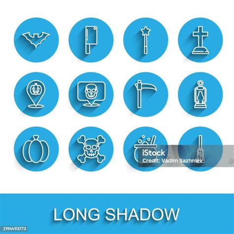 세트 라인 호박 십자가에 해골 비행 박쥐 할로윈 마녀 가마솥 마녀 빗자루 캠핑 랜턴 및 낫 아이콘 벡터 10월에 대한 스톡 벡터 아트 및 기타 이미지 Istock