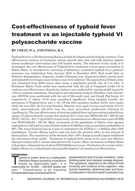 Pdf Cost Effectiveness Of Typhoid Fever Treatment Vs An Injectable Typhoid Vi Polysaccharide