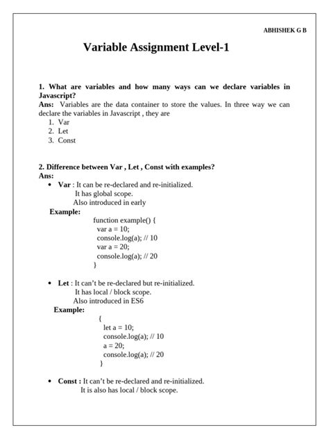 Variableassignmentlevel 1 1 Pdf