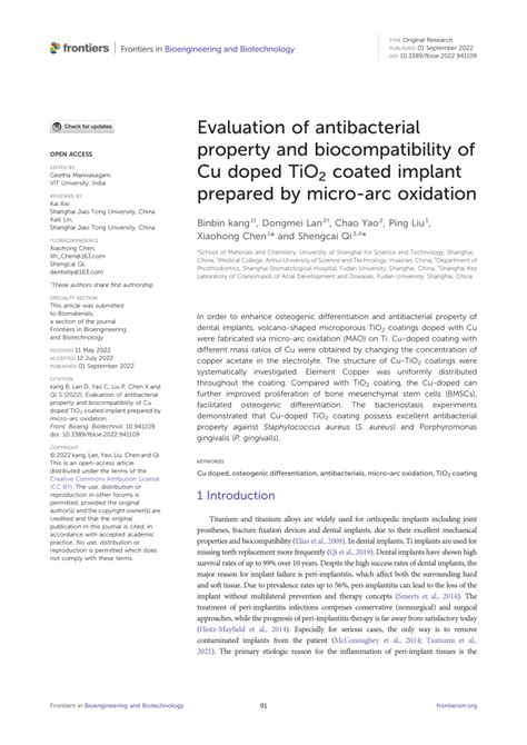 Pdf Evaluation Of Antibacterial Property And Biocompatibility Of Cu Doped Tio2 Coated Implant