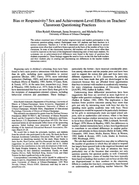 Bias Or Responsivity Sex And Achievement Level Effects On Teachers Classroom Questioning