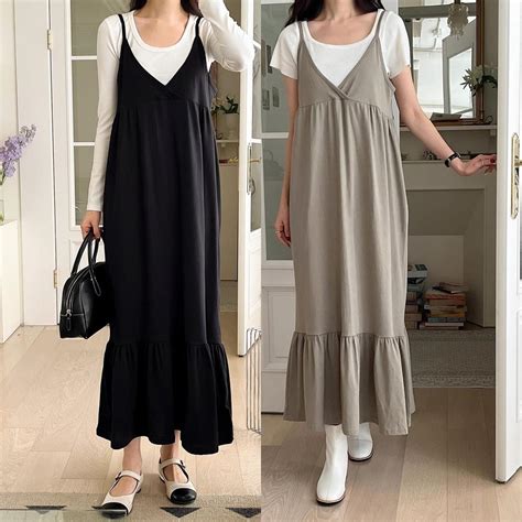 어깨 끈나시 뷔스티에 브이넥 롱 원피스 3컬러