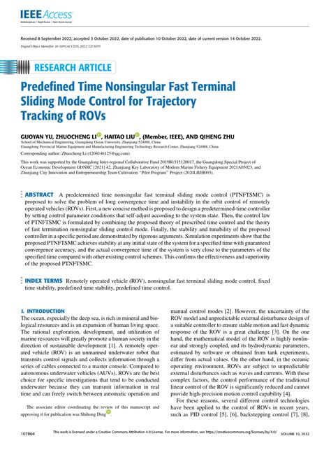 Pdf Predefined Time Nonsingular Fast Terminal Sliding Mode Control For Trajectory Tracking Of Rovs