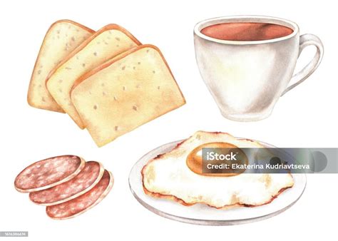 아침 식사 음식 세트입니다 차 커피 계란후라이 소시지 치즈 빵 수채화 그림입니다 손으로 그린 클립 아트가 흰색 배경에 분리되어 있습니다 아침 식사 접시 주방 용품의 인쇄용