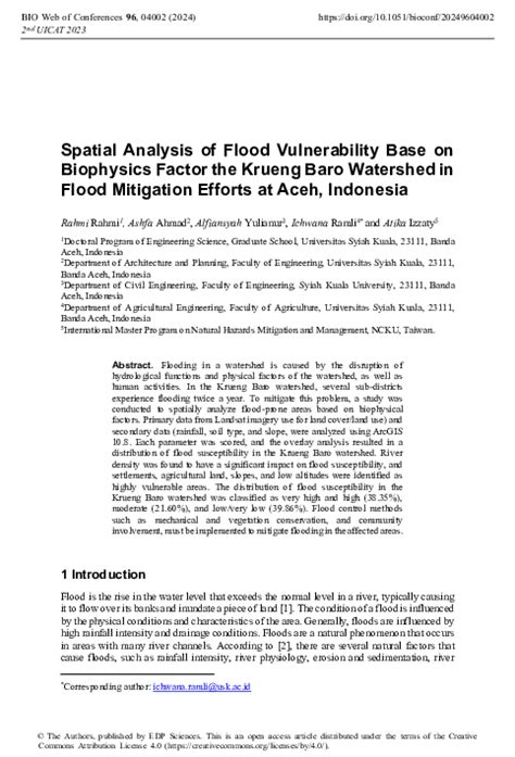 Pdf Spatial Analysis Of Flood Vulnerability Base On Biophysics Factor The Krueng Baro
