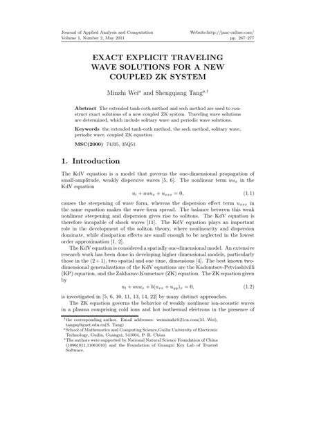 Pdf Exact Explicit Traveling Wave Solutions For A New Coupled Zk System