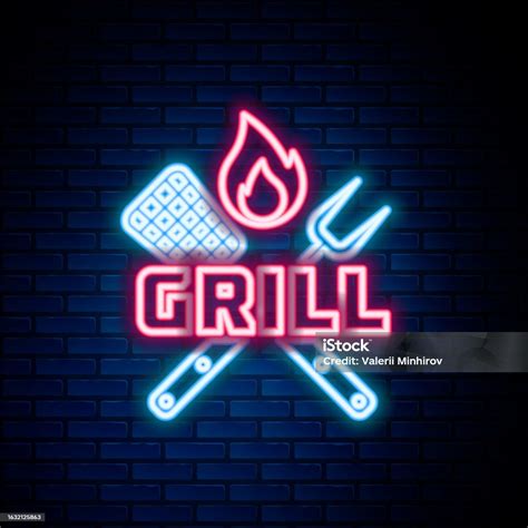 빛나는 네온 라인은 벽돌 벽 배경에 분리된 포크와 주걱 아이콘입니다 불 불꽃 표시입니다 바베큐 포크와 주걱 기호 바베큐 및 그릴 도구 다채로운 개요 개념입니다 벡터 고기에