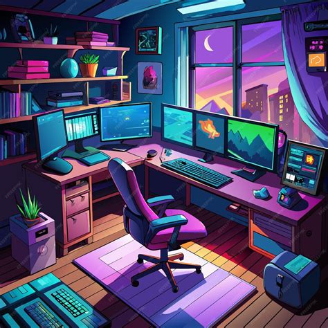 A Computer Room With A Computer And A Computer Monitor Premium Ai Generated Vector