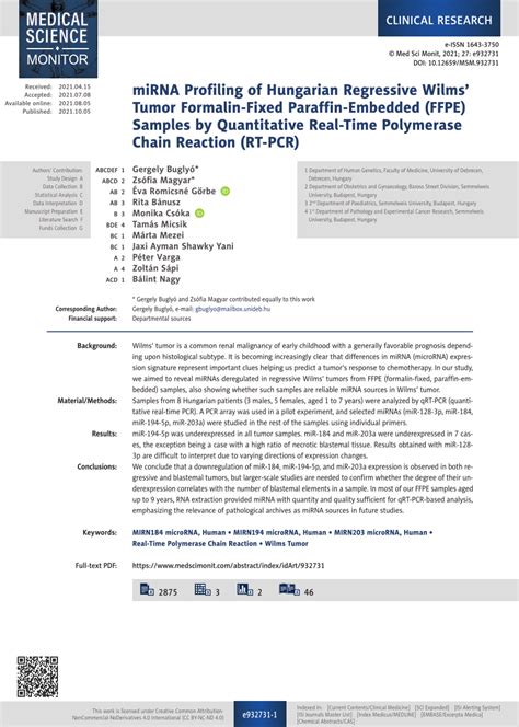 Pdf Mirna Profiling Of Hungarian Regressive Wilms Tumor Formalin Fixed Paraffin Embedded