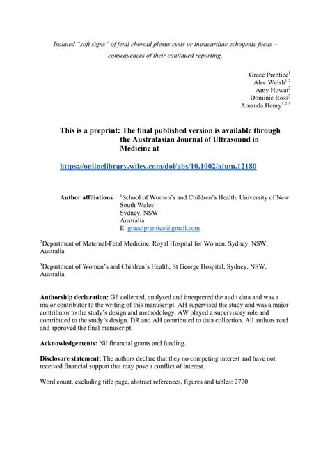 Pdf Isolated ‘soft Signs Of Fetal Choroid Plexus Cysts Or Echogenic Intracardiac Focus