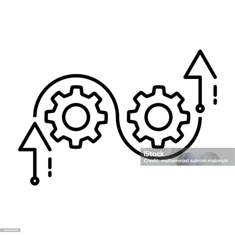 민첩한 프로세스 아이콘 유연한 작업 소프트웨어 방법론 개발 기어가 있는 화살표 흰색 배경에 가는 선 기호 편집 가능한 획 벡터