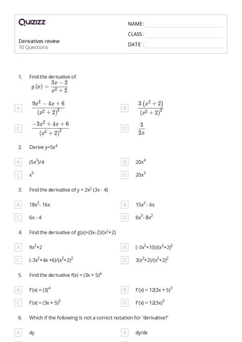 50 Derivatives Worksheets For 9th Grade On Quizizz Free And Printable