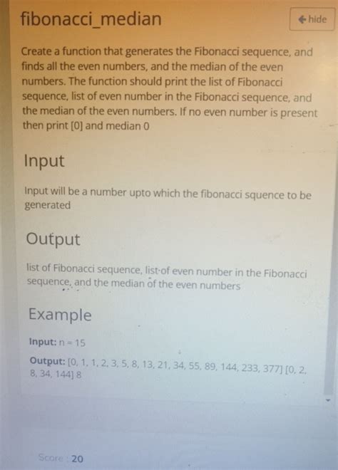 solved fibonacci mediancreate a function that generates the