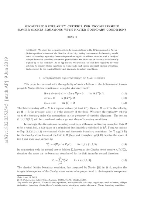 Pdf Geometric Regularity Criteria For Incompressible Navierstokes Equations With Navier