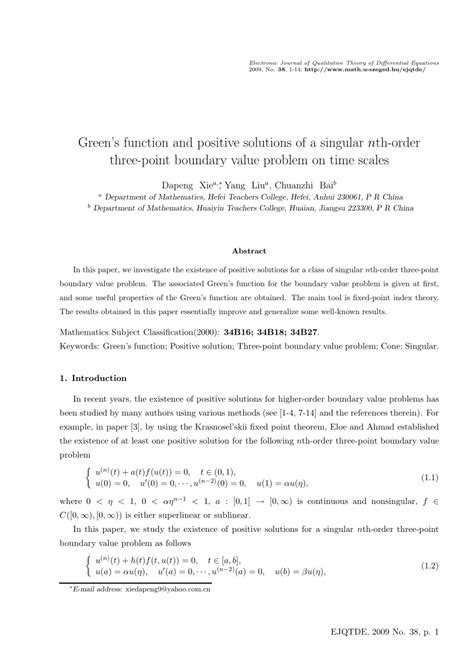 Pdf Greens Function And Positive Solutions Of A Singular Nth Order Three Point Boundary Value