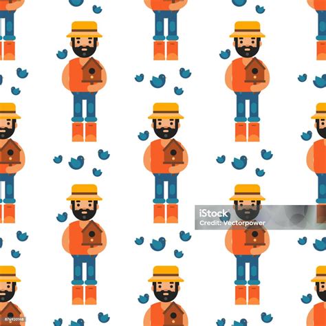 농부 캐릭터 포 레스터 남자 완벽 한 패턴 배경 농업 사람 직업 농촌 정원사 작업자 농업 사람들이 벡터 일러스트 레이 션 건강한