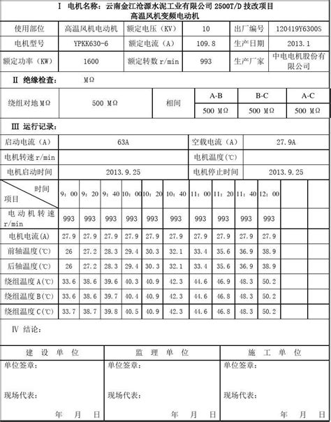 电动机单机试车记录分解 word文档免费下载 亿佰文档网