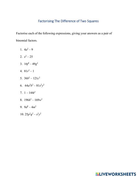 Factoring Difference Of Two Squares Worksheet