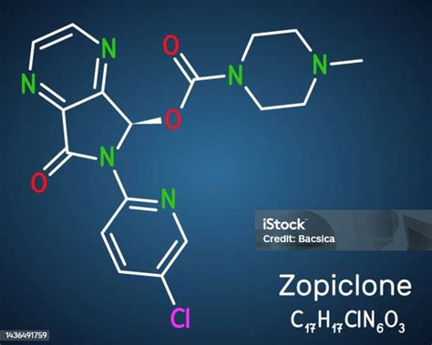 조피클론 분자 그것은 비 벤조디아제핀 최면이며 수면 장애를 치료하는 데 사용됩니다 진한 파란색 배경의 구조 화학 공식 0명에 대한 스톡 벡터 아트 및 기타 이미지 Istock