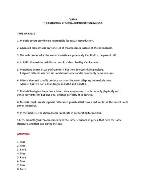 Quiz 9 Evolution Of Sexual Reproduction Meiosis Pdf Meiosis Sexual Reproduction