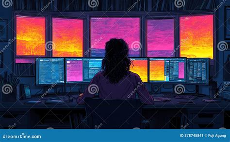 Programmer Work Back View Code Engineering Screen Vector Illustration