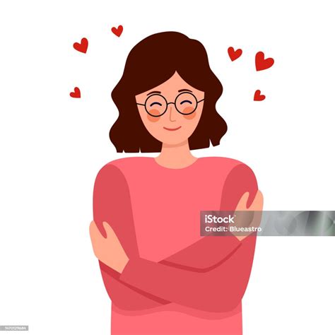 자기 사랑 개념 벡터 삽화 평평한 디자인으로 빨간 하트 모양으로 자신을 껴안고 있는 젊은 여성 행복 Mental