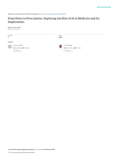 From Pulse To Prescription Exploring The Rise Of Ai In Medicine And Its Implications Pdf