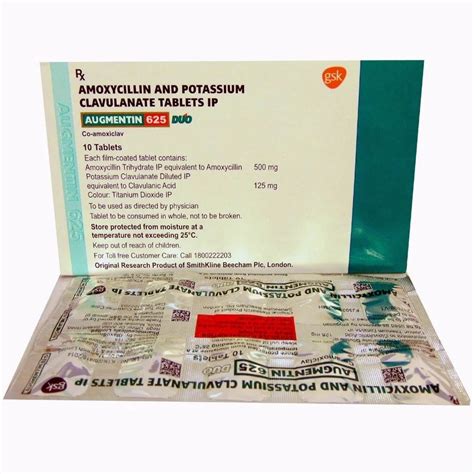 625mg Augmentin Duo Amoxicillin And Potassium Clavulanate Tablets Ip At