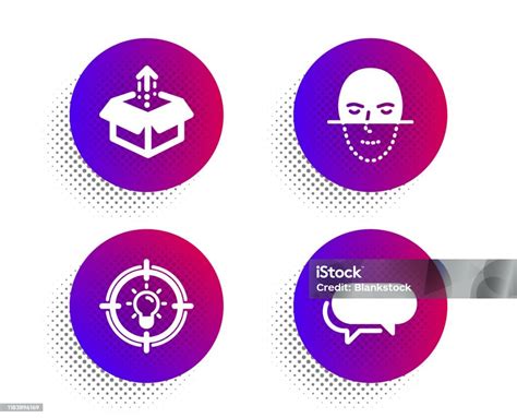 아이디어 얼굴 인식 및 상자 보내기 아이콘 세트 메신저 기호 솔루션 얼굴 생체 인식 배달 패키지 벡터 대화 풍선 문자 기호에 대한 스톡 벡터 아트 및 기타 이미지 Istock