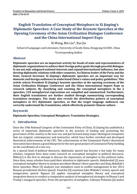 Pdf English Translation Of Conceptual Metaphors In Xi Jinpings Diplomatic Speeches A Case