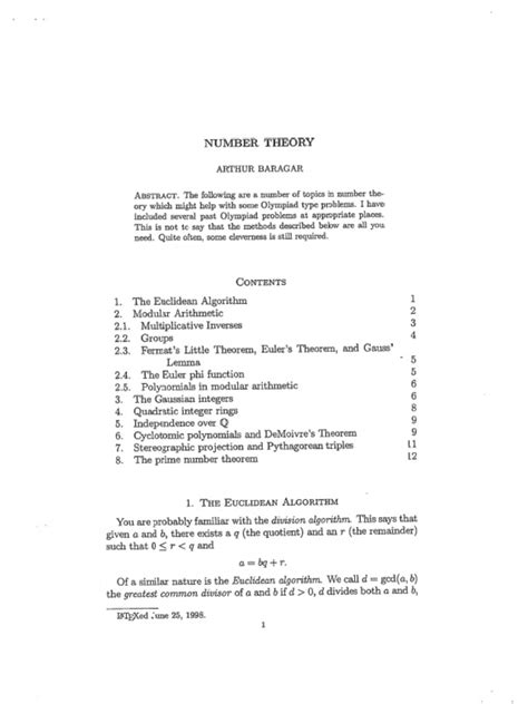 Numbertheory Arthurbaragar 1998summer Pdf