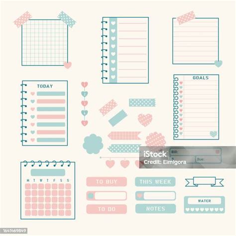 불렛 저널 요소 일일 플래너와 스티커 메모가 설정되었습니다 하트가 있는 파스텔 컬러 플래너 테마 월간 플래너 주간 플래너