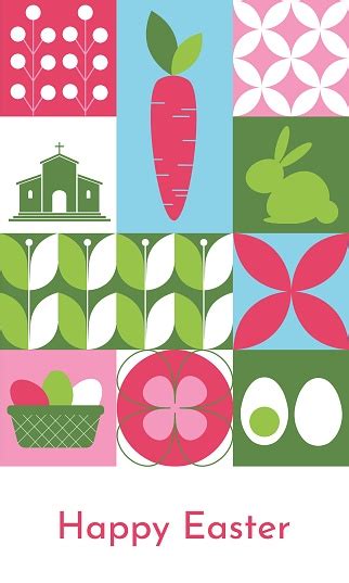 전통적인 상징을 가진 부활절을 위한 기하학적 모자이크 배너 현대적인 미니멀리스트 디자인의 부활절 인사말 카드 벡터 개념에 대한 스톡 벡터 아트 및 기타 이미지 Istock