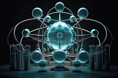 Close Up Of Atomic Nucleus With Orbiting Particles On Dark Background Retro Futurism Premium