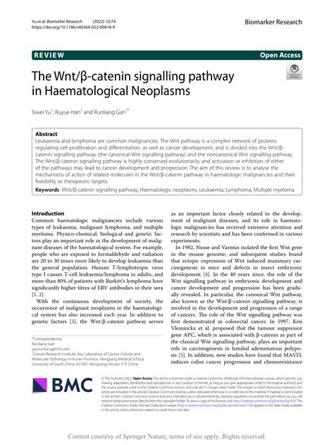 Pdf The Wnt β Catenin Signalling Pathway In Haematological Neoplasms
