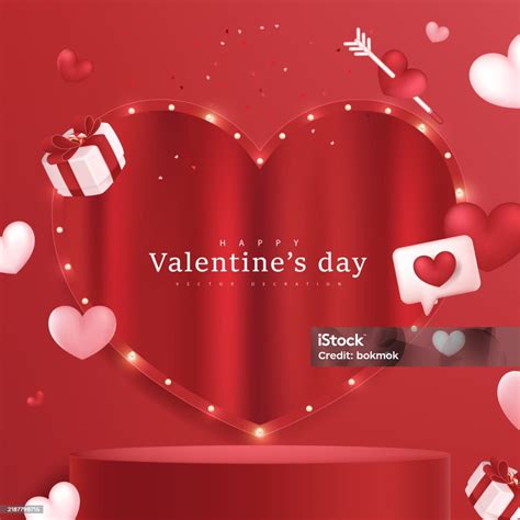빨간 제품 디스플레이와 레트로 전구 하트 모양 기호 배경과 행복 발렌타인 데이 판매 배너 배경 2월에 대한 스톡 벡터 아트 및 기타 이미지 Istock
