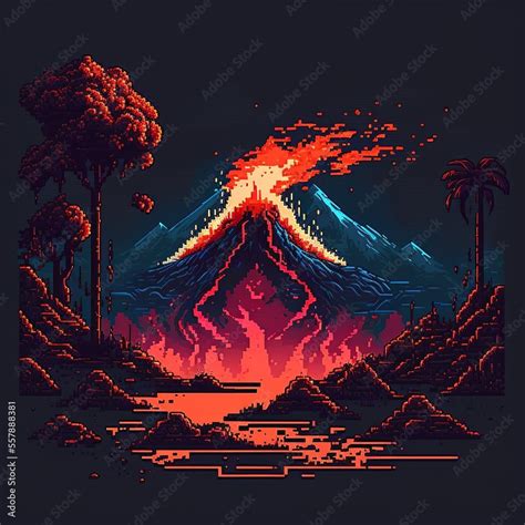 2d scene with erupting volcano landscape pixel art style generative ai stock illustration